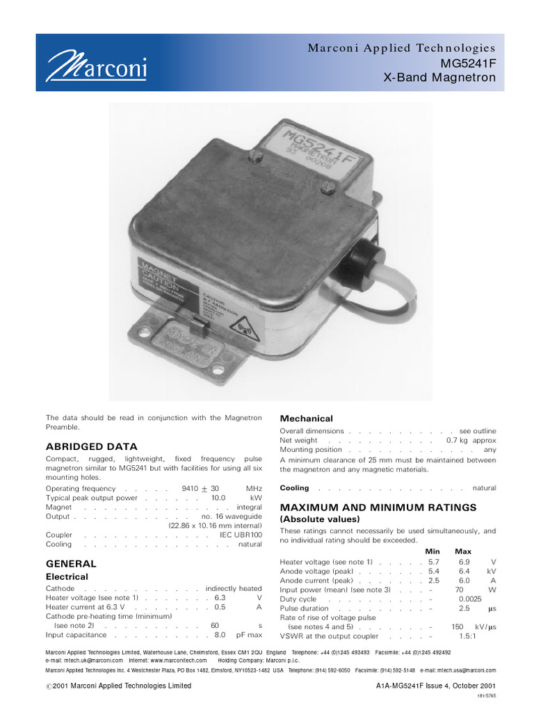 Magnetron MG5241F | PDF | High Voltage | Vacuum Tube