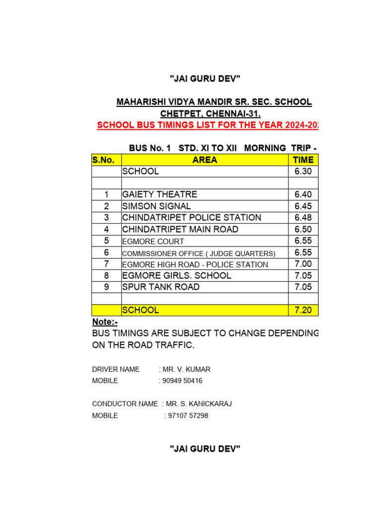 XI To XII Bus List 24-25 | PDF | Public Transport | Bus Transport