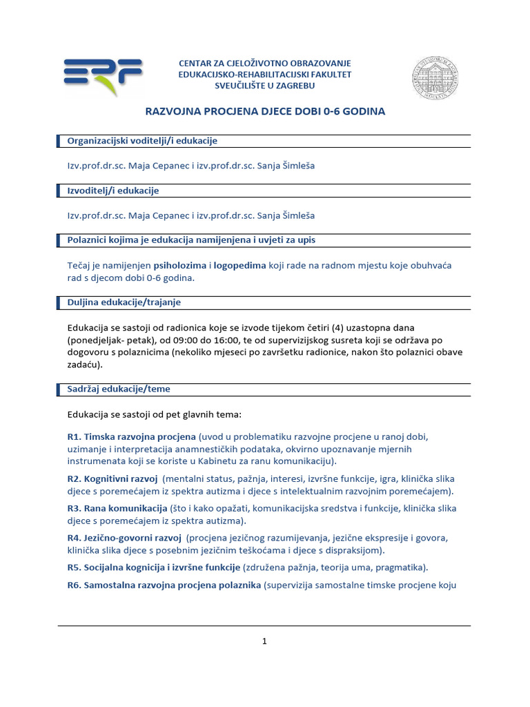 Erfunizg Ccu Razvojna Procjena Djece 0-6 Godina | PDF