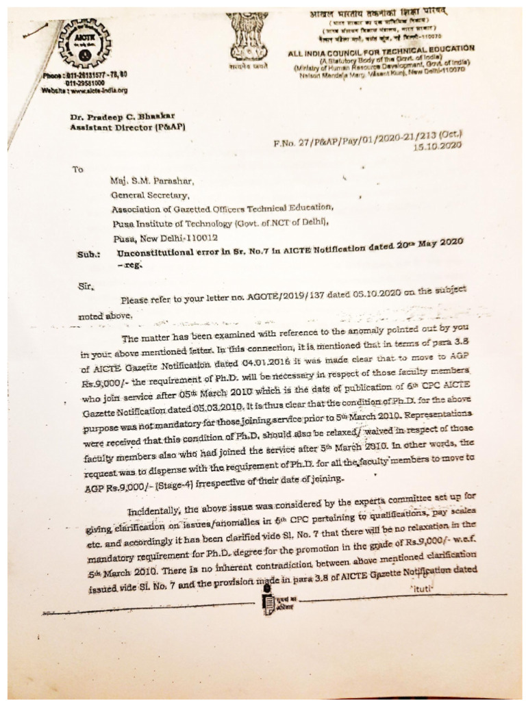 AICTE Clarification - CAS-15-10-2020 | PDF