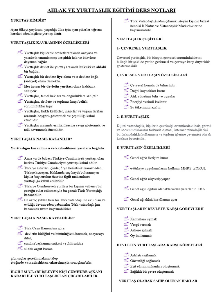 Ahlak Ve Yurttaşlık Eğitimi DERS NOTU | PDF