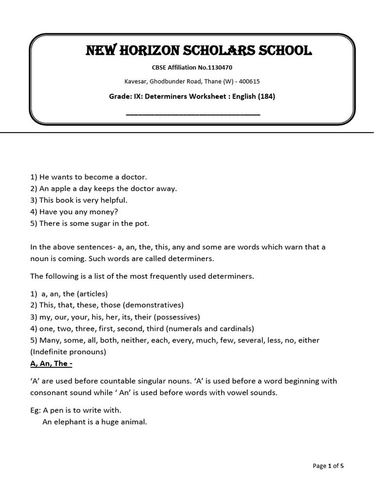 Determiners Worksheet | PDF | Grammatical Number | Plural