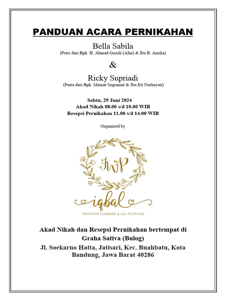 Rundown Bella & Ricky (29 Juni 2024 - Graha Sativa) | PDF