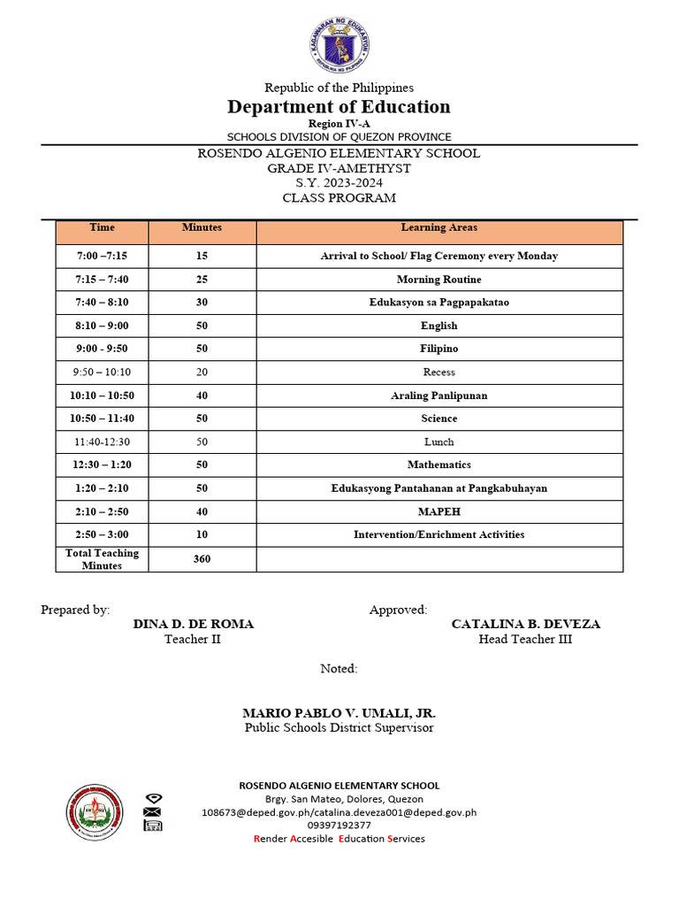 Grade-4-Class-Program-S.Y-2023-2024 Shortened | PDF