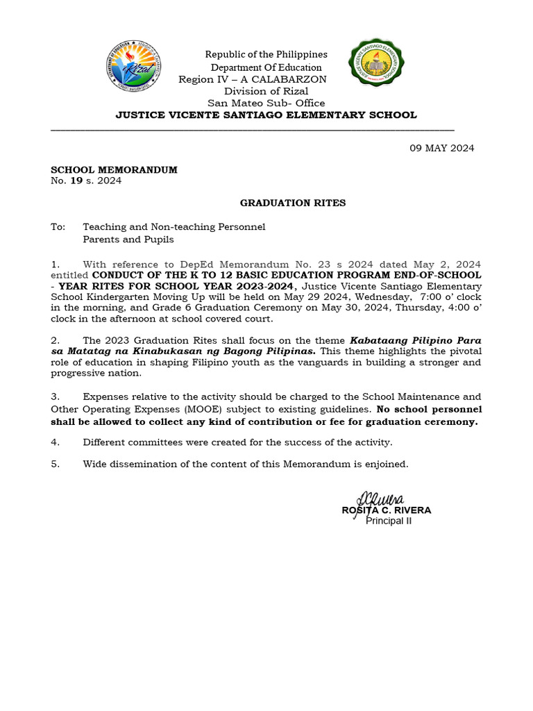 JVSES Memorandum 19 Graduation Rites 2024 | PDF | Philippines