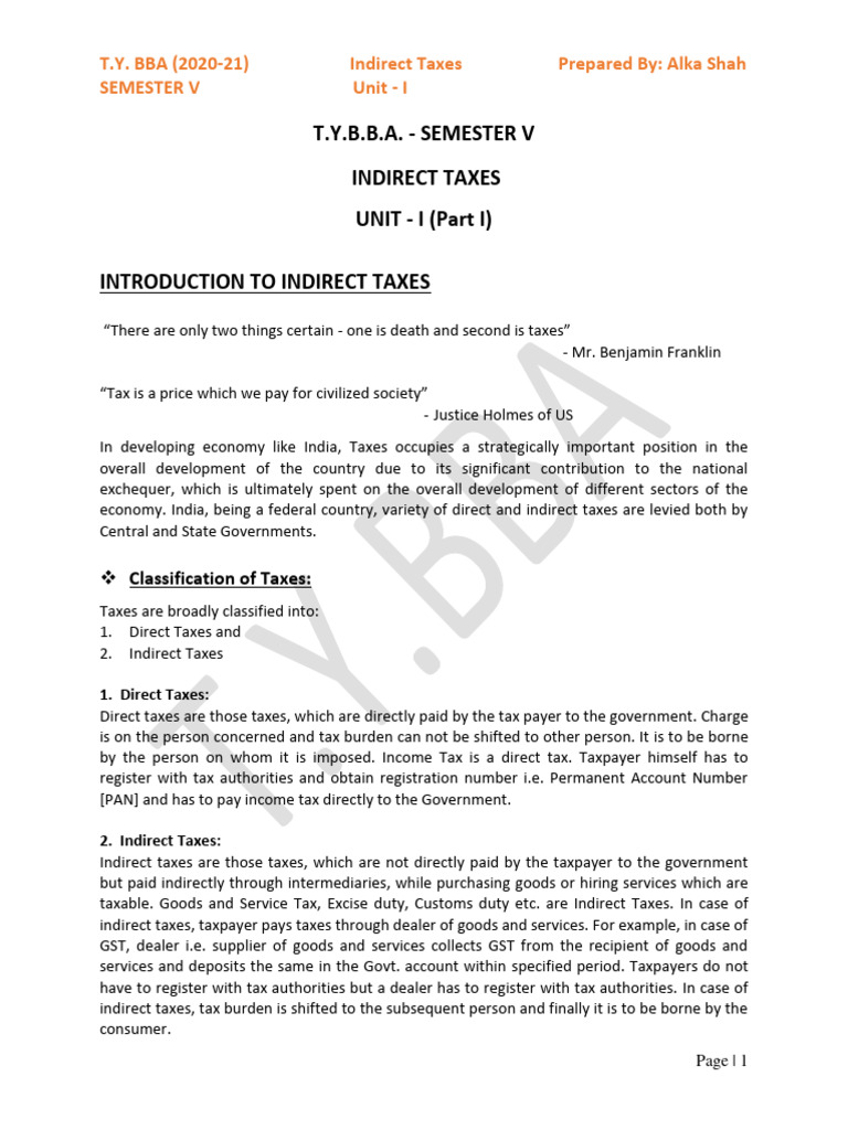 Indirect Taxes - Unit I (Part I) | PDF | Taxes | Value Added Tax