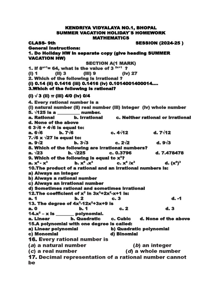 Class 9 Holiday Hw 1 Pdf Numbers Polynomial