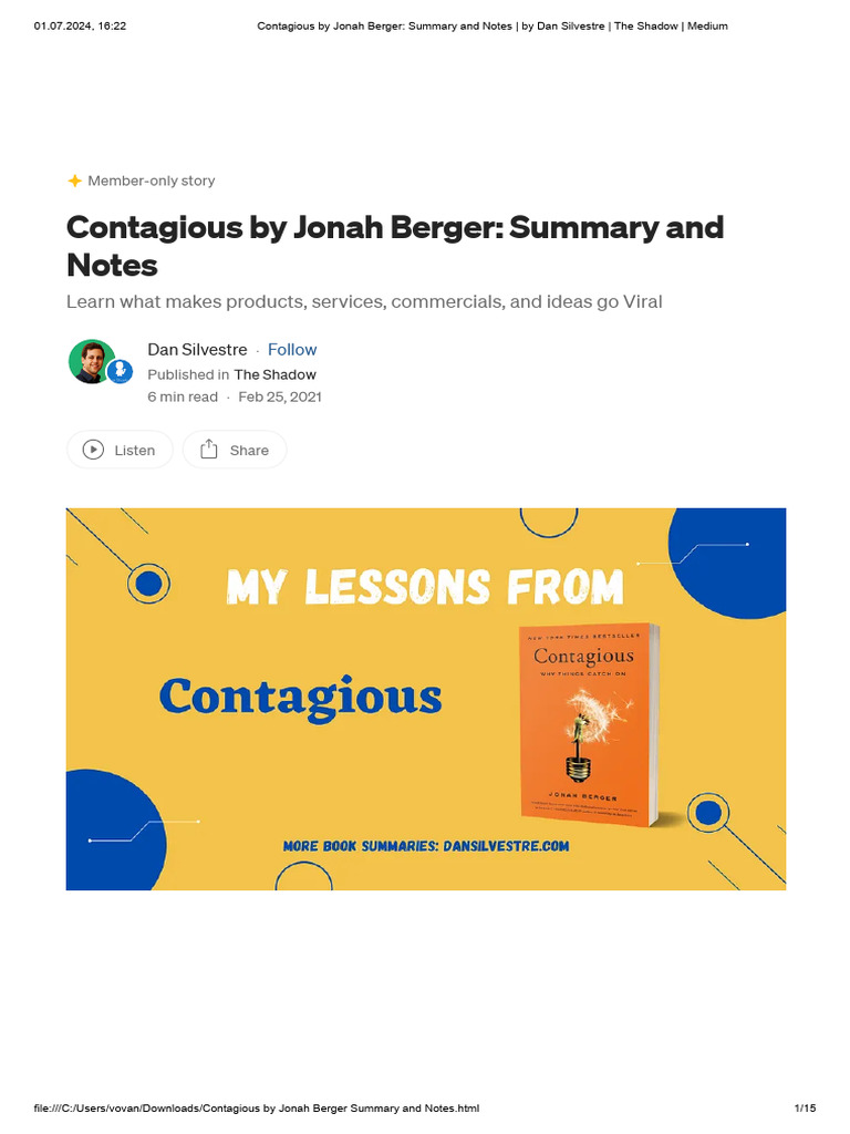 Contagious by Jonah Berger - Summary and Notes - by Dan Silvestre - The ...