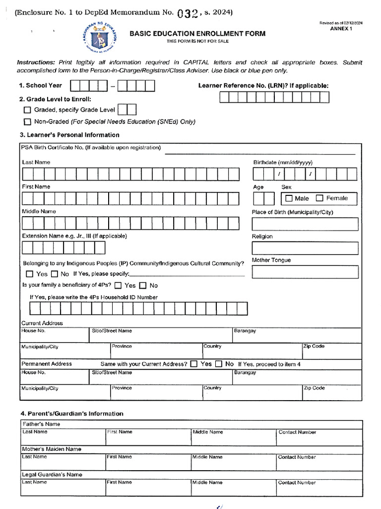 Basic Education Enrollment Form (BEEF) SY 2024-2025 | PDF