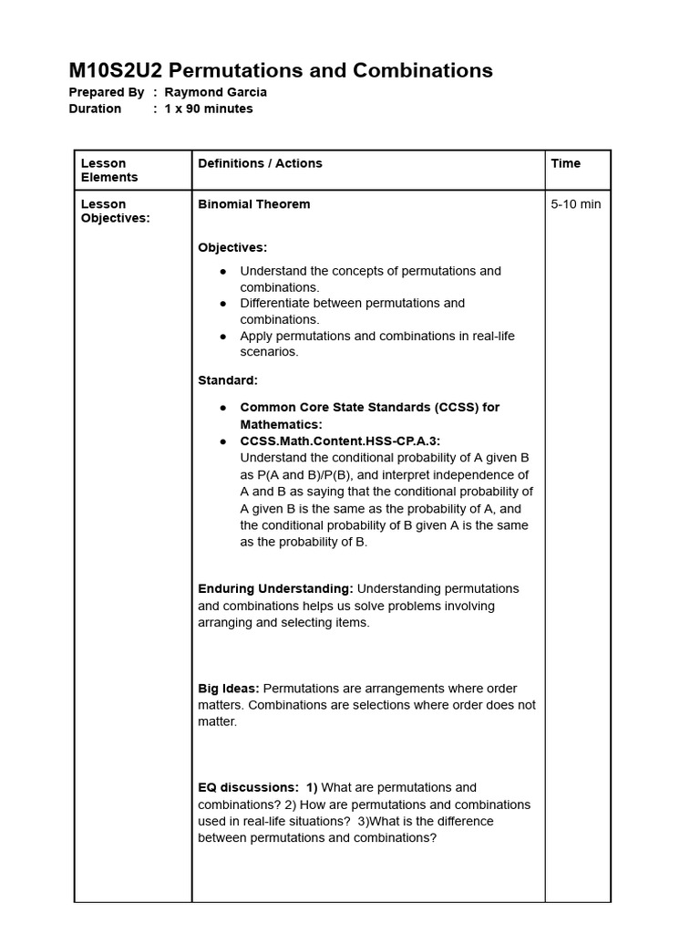 M10S2U2 - Permutations and Combinations - Lesson Plan | PDF | Learning ...
