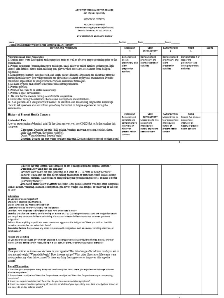 Abdominal Assessment Rubric | PDF | Abdomen | Constipation