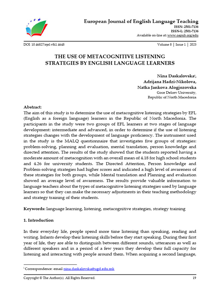 The Use Of Metacognitive Listening Strategies By E Pdf Metacognition Second Language