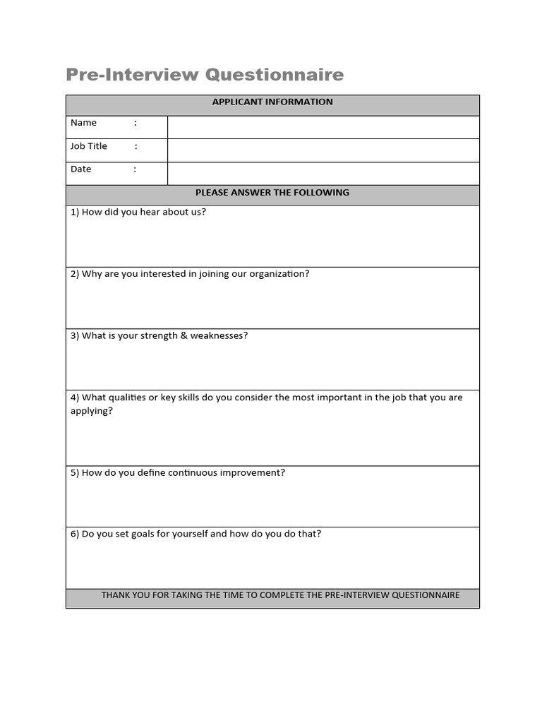 Pre Interview Questionnaire | PDF