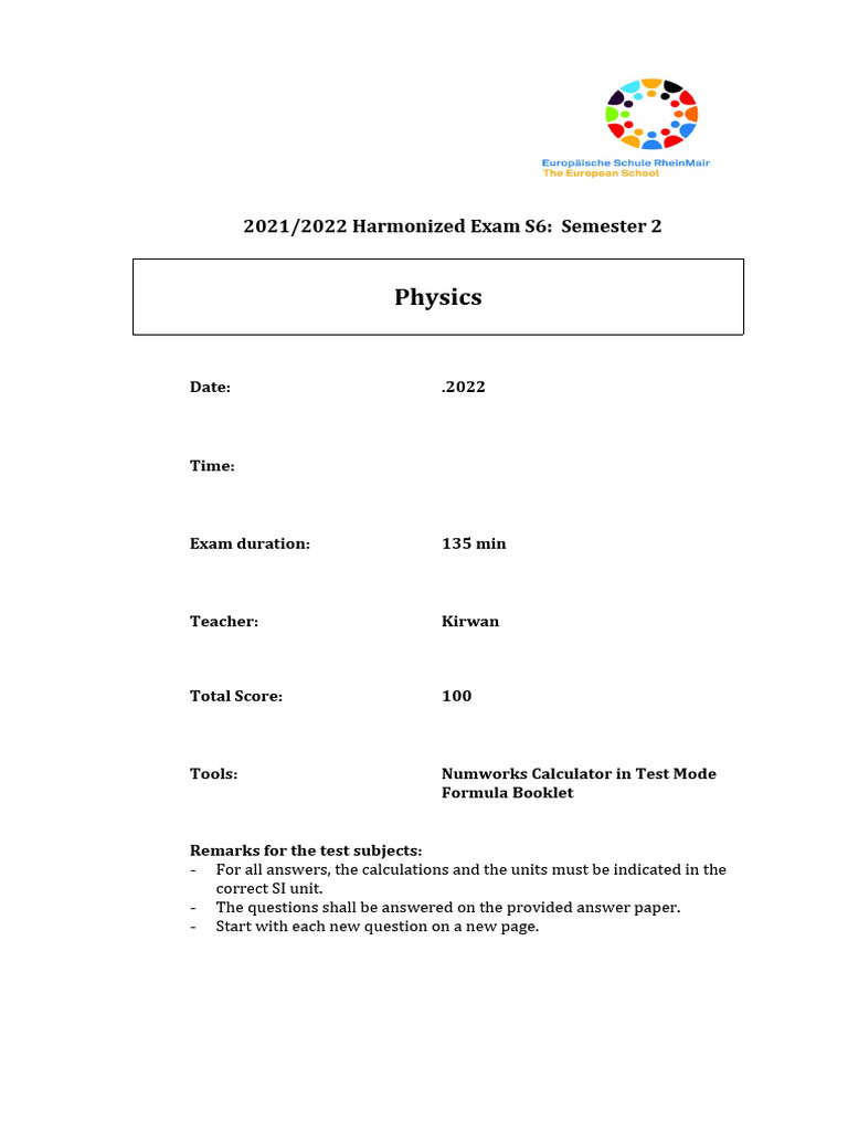 S6 Examen Physik Semester 2 2021 - 22 EN v.1 1 | PDF | Orbit | Waves