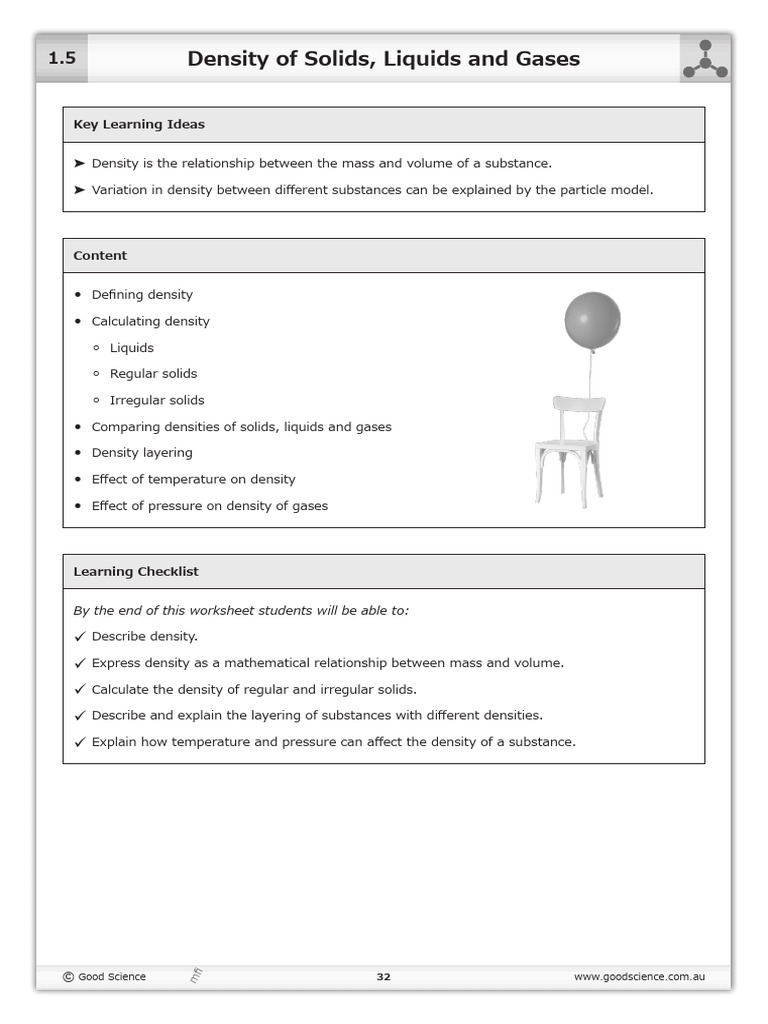 Densityof Solids Liquidsand Gases Worksheet Preview | PDF | Density ...