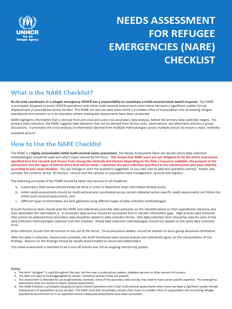 UNHCR (2014) Needs Assessment For Refugee Emergencies (NARE) Checklist ...
