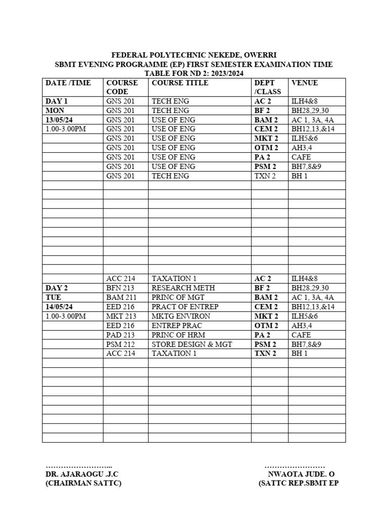 ND 2 Time Table Exam SBMT Ep 2024 Ist | PDF | Computers