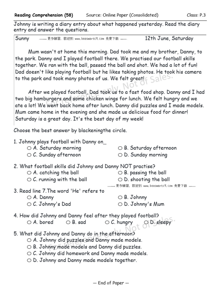 58-63 P3 Reading Comprehension | PDF