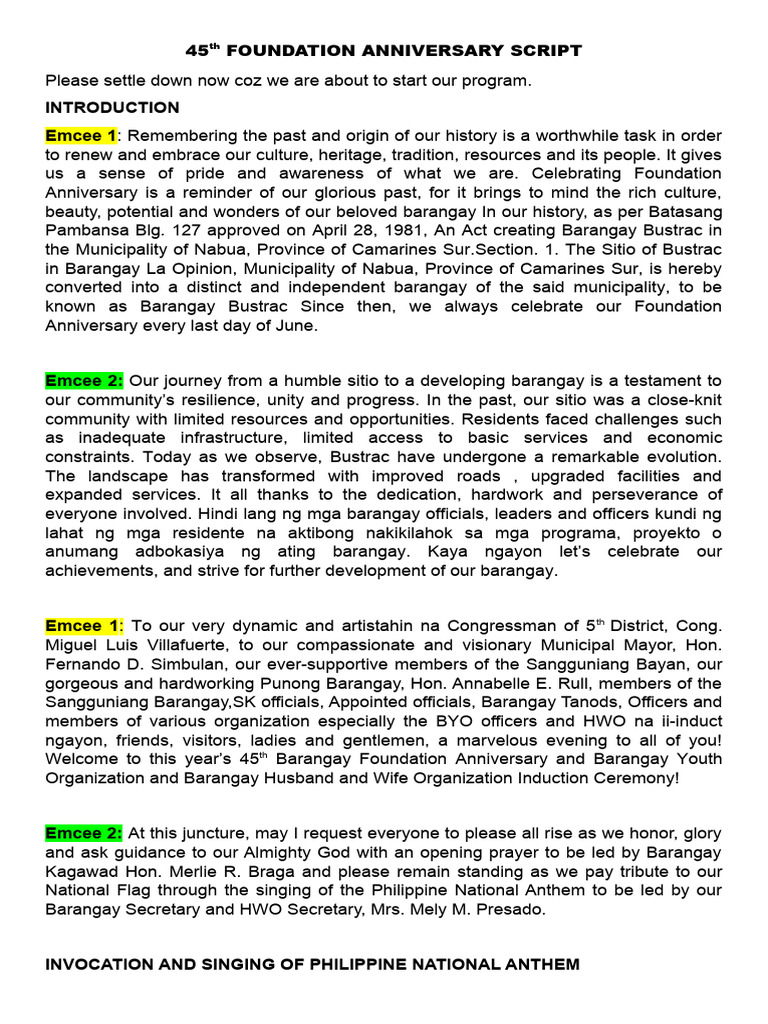45th Barangay Foundation Anniversary Script | PDF