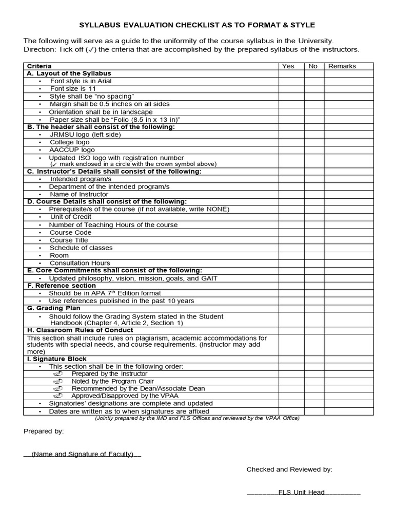 Syllabus Evaluation Checklist 1 | PDF