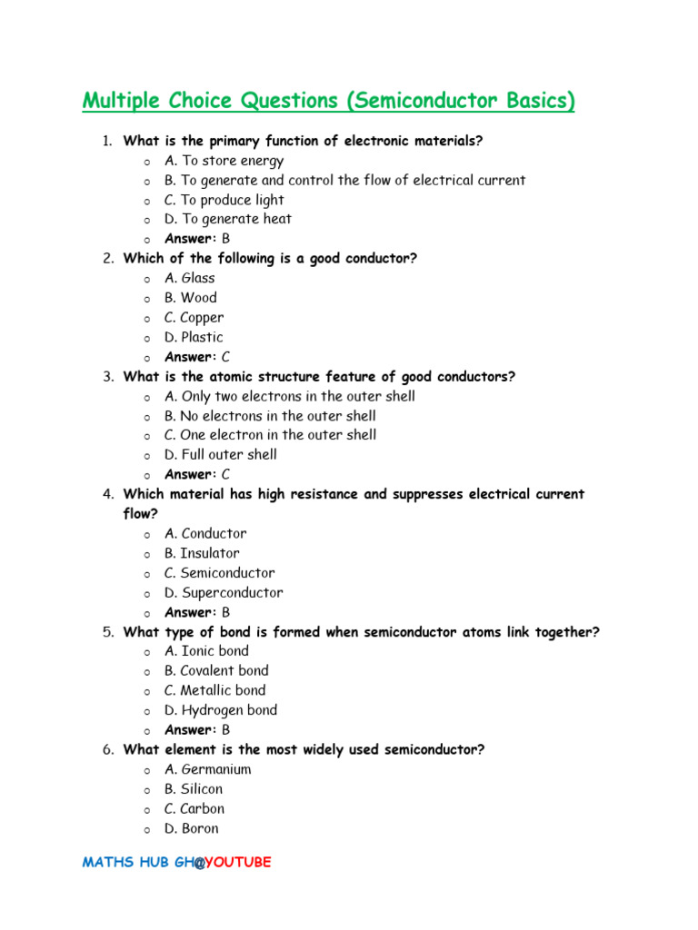 Semi-Conductors Basics MCQs | PDF | Semiconductors | Doping (Semiconductor)