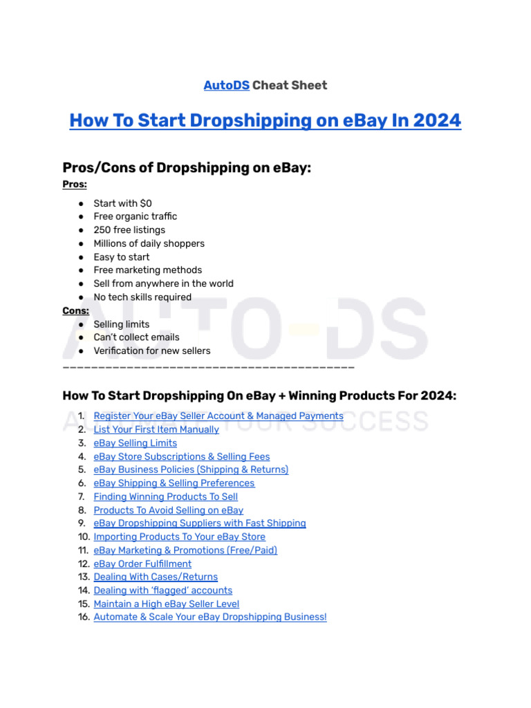 How To Start Dropshipping On Ebay 2024 Cheat Sheet - AutoDS | PDF ...