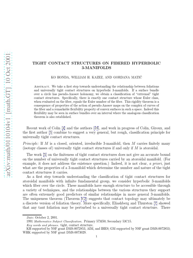 Ko Honda, William H. Kazez and Gordana Matic - Tight Contact Structures On Fibered Hyperbolic 3 ...