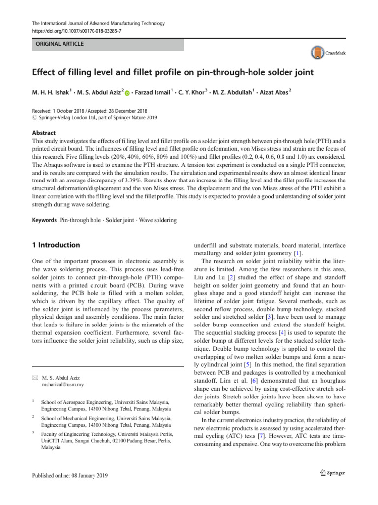 Effect of Filling Level and Fillet Profile On Pin-Through-Hole Solder ...