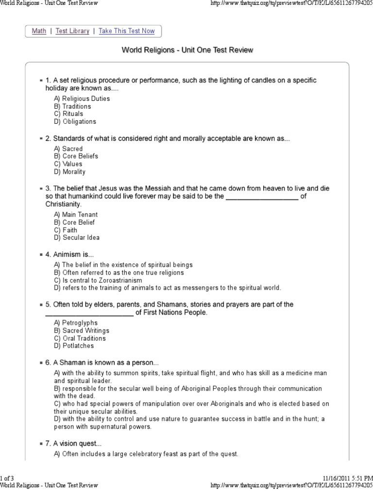 World Religions Unit Test Review | PDF | Zoroastrianism | Spirituality