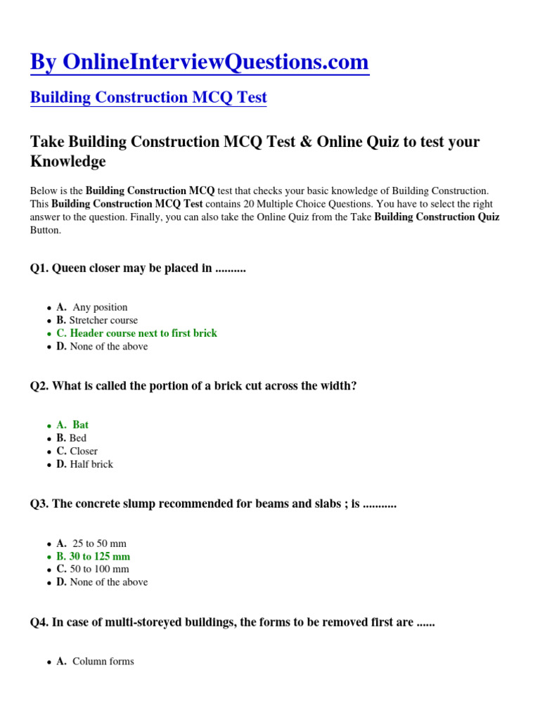 Building Construction MCQ | PDF | Lime (Material) | Brick