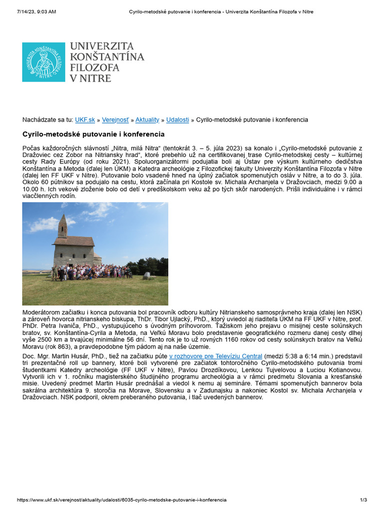 Husár 2023 Cyrilo-Metodské Putovanie I Konferencia - UKF | PDF