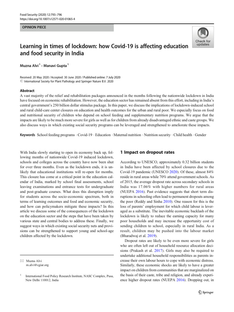 Learning in Times of Lockdown | PDF | Food Security