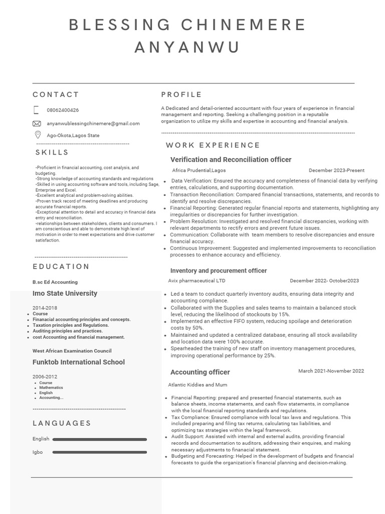 The Anyanwu Blessing Chinemere CV | PDF | Audit | Accounting