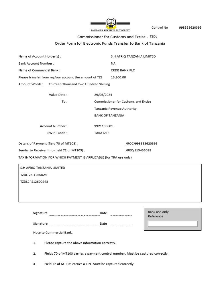 Customs Payment Transfer Form | PDF