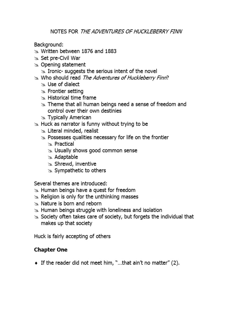 Notes For The Adventures of Huckleberry Finn 1-21 | PDF | Huckleberry ...