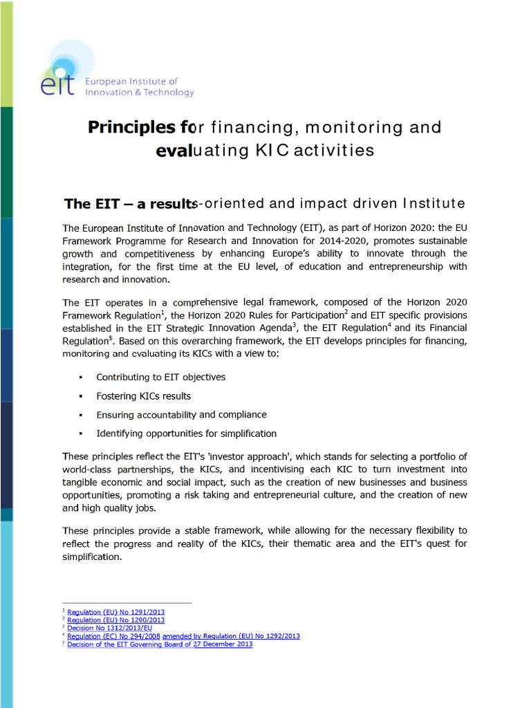EIT Principles Financing Monitoring Evaluating KIC Activities | PDF | Economies | Business