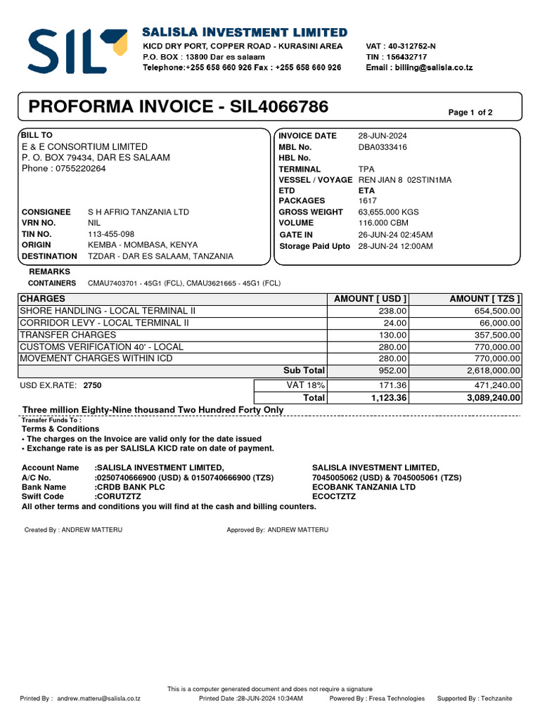 Proforma Invoice Icd Sil4066786 2024 Jun 28 103424 | Download Free PDF ...