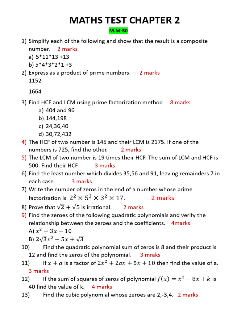 Maths Test: HCF, LCM, and Polynomials | PDF | Teaching Methods ...