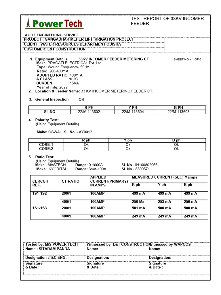 Burla 33KV Incomer Metering CT& PT Report | PDF | Voltage | Volt