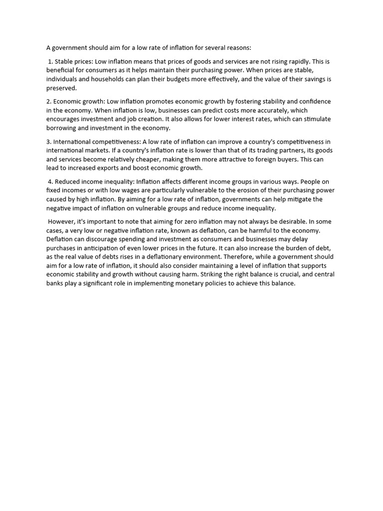 A Government Should Aim For A Low Rate of Inflation For Several Reasons ...