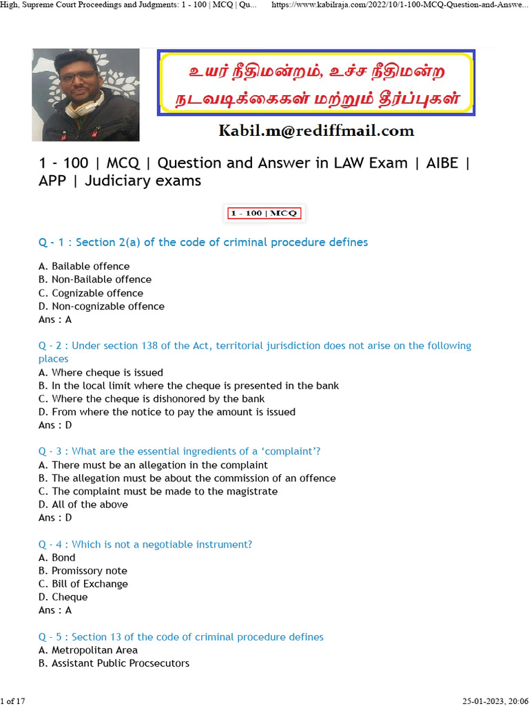 1 - 100 MCQ Question and Answer in LAW Exam AIBE APP Judiciary Exams | PDF | Negotiable ...
