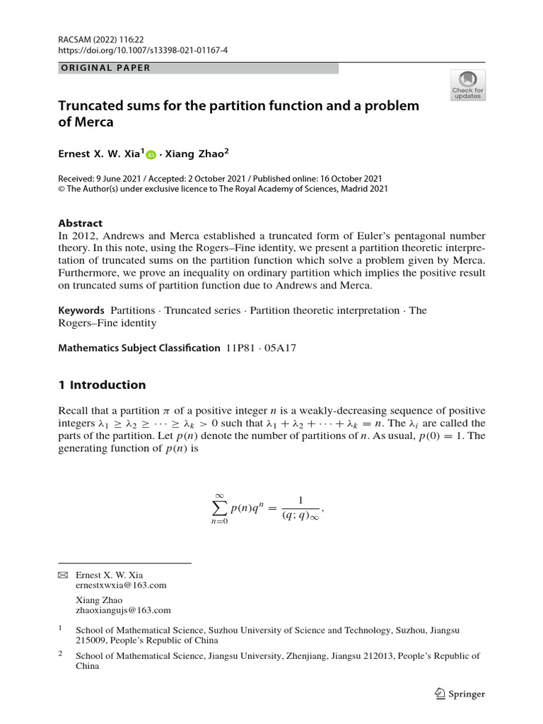 Xia-Zhao2021 Article TruncatedSumsForThePartitionFu | PDF | Theorem | Summation