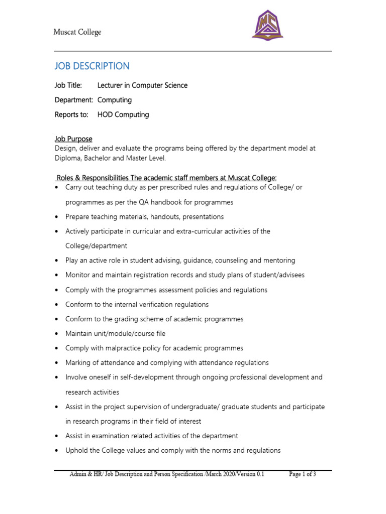 Job Description and Person Specification For Lecturer in Computer ...