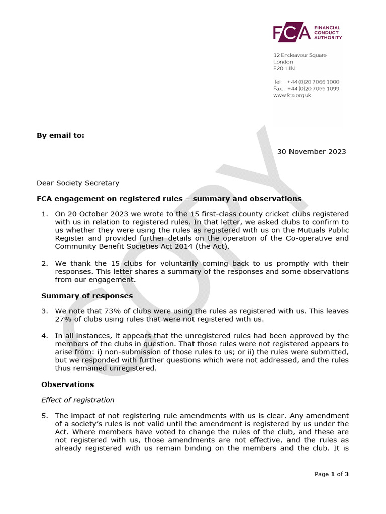 Fca Letter Ecb Registered Rules Feedback November 2023 | PDF ...
