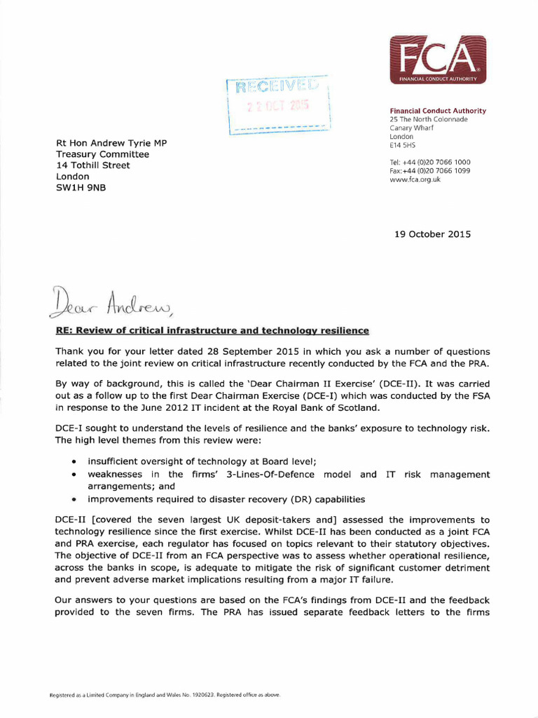 Letter From Tracey McDermott FCA To | PDF | Risk | Business