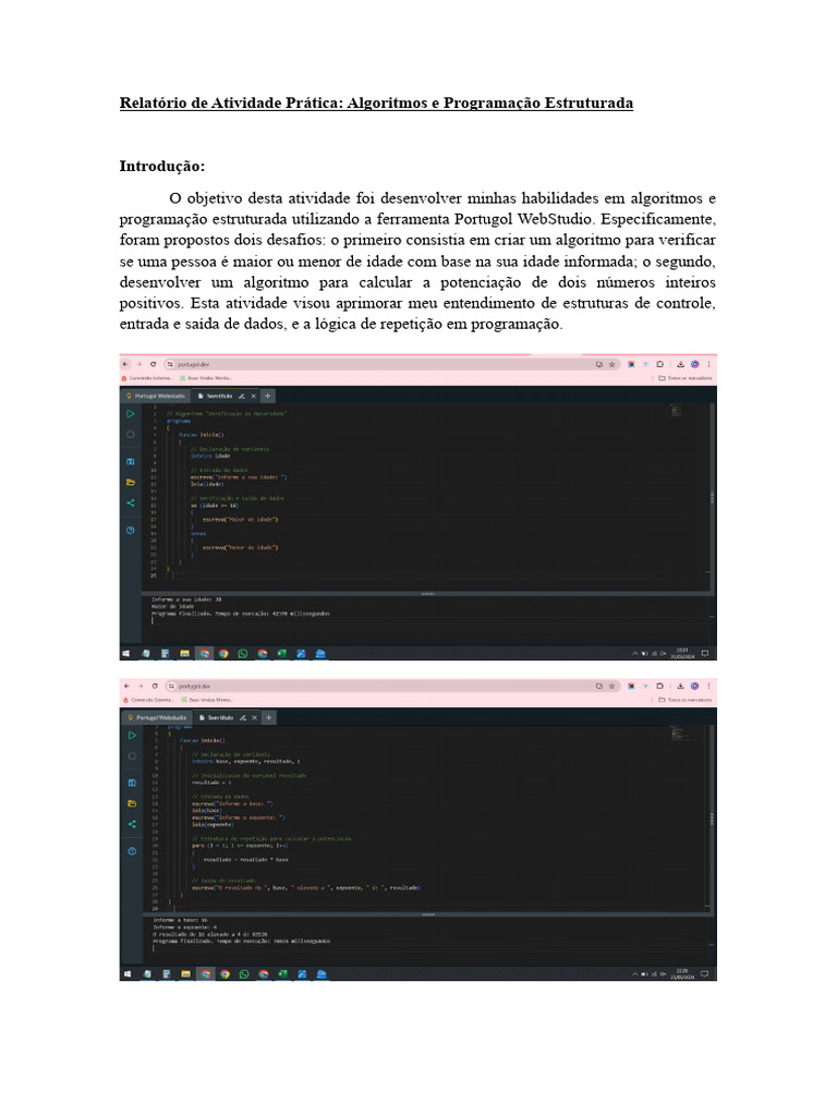 Algoritmos e Programacao Estruturada - Relatorio Atividade Pratica | Download grátis PDF ...