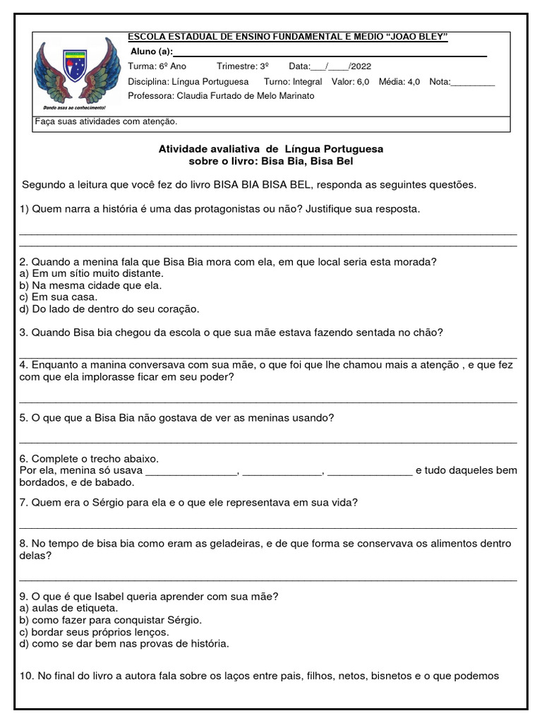 Atividade Avaliativa Livro Bisa Bia Bisa Bel 3º Trim. 6º Ano | PDF