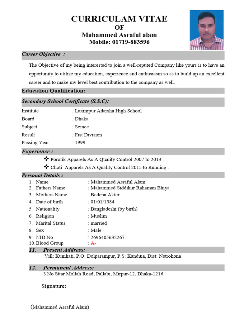 Curriculam Vitae: OF Mahammed Asraful Alam | PDF