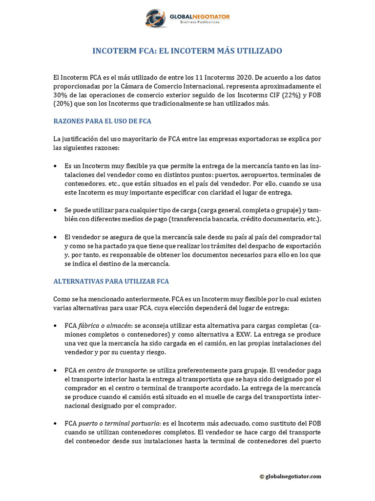 Incoterm FCA Definicion | PDF | El comercio internacional | Negocios ...
