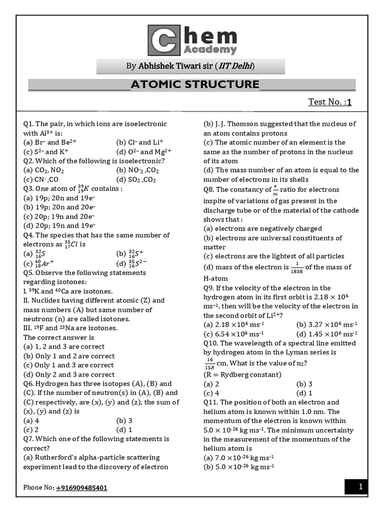 Atomic Structure T-1 | PDF | Atomic Orbital | Electron